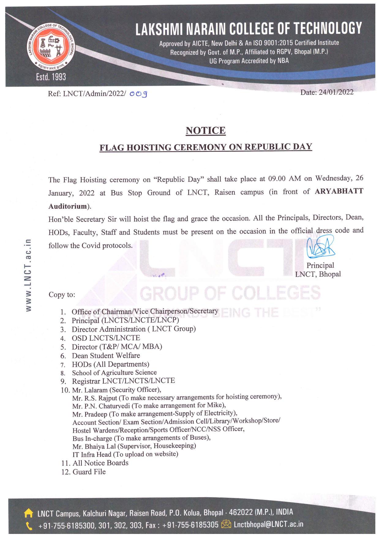 Notice No-009 Flag Hoisting Ceremony On Republic Day 2022 | LNCT Group
