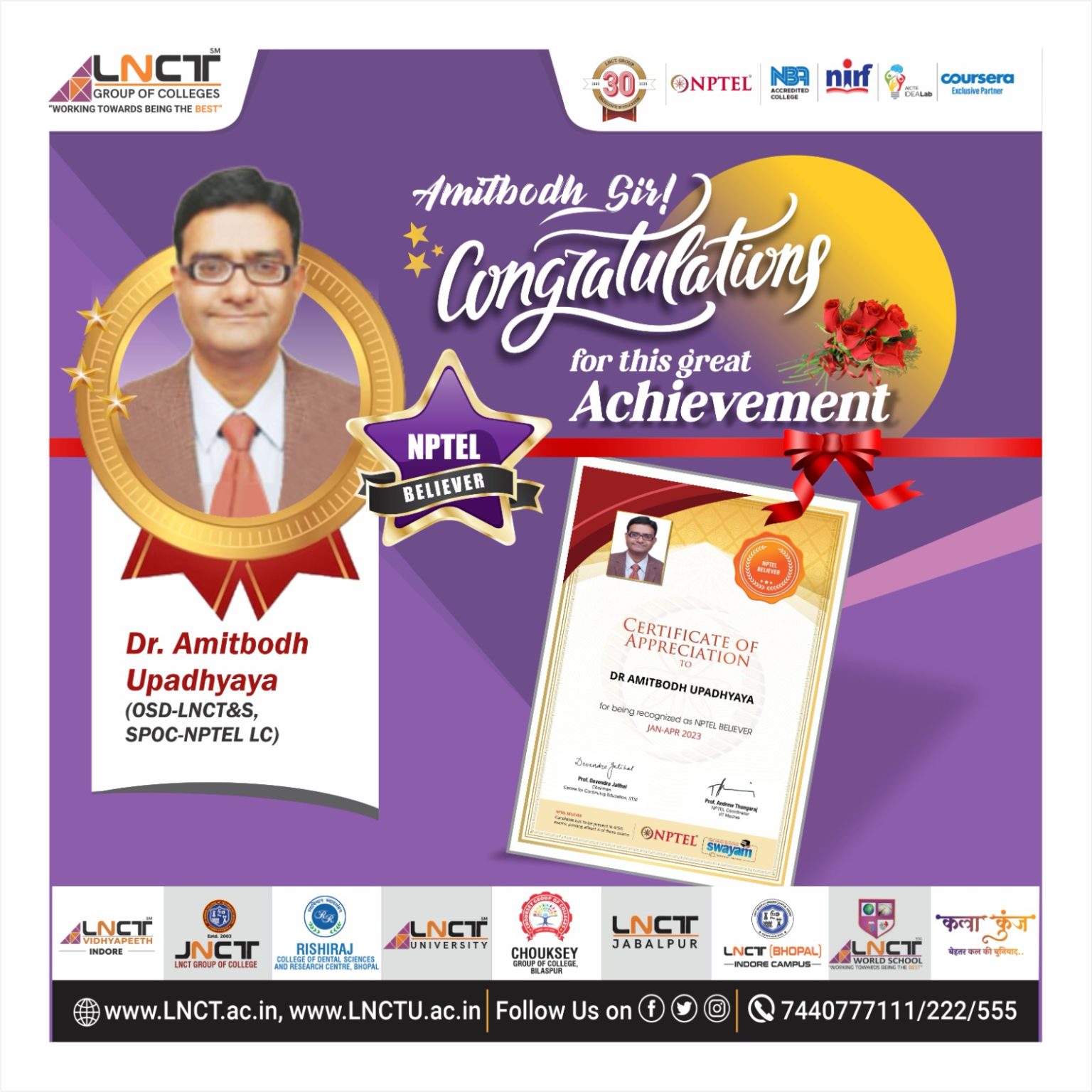 Congratulations To Dr. Amitbodh Upadhyaya- OSD At LNCT&S, A True NPTEL STAR! | LNCT Group