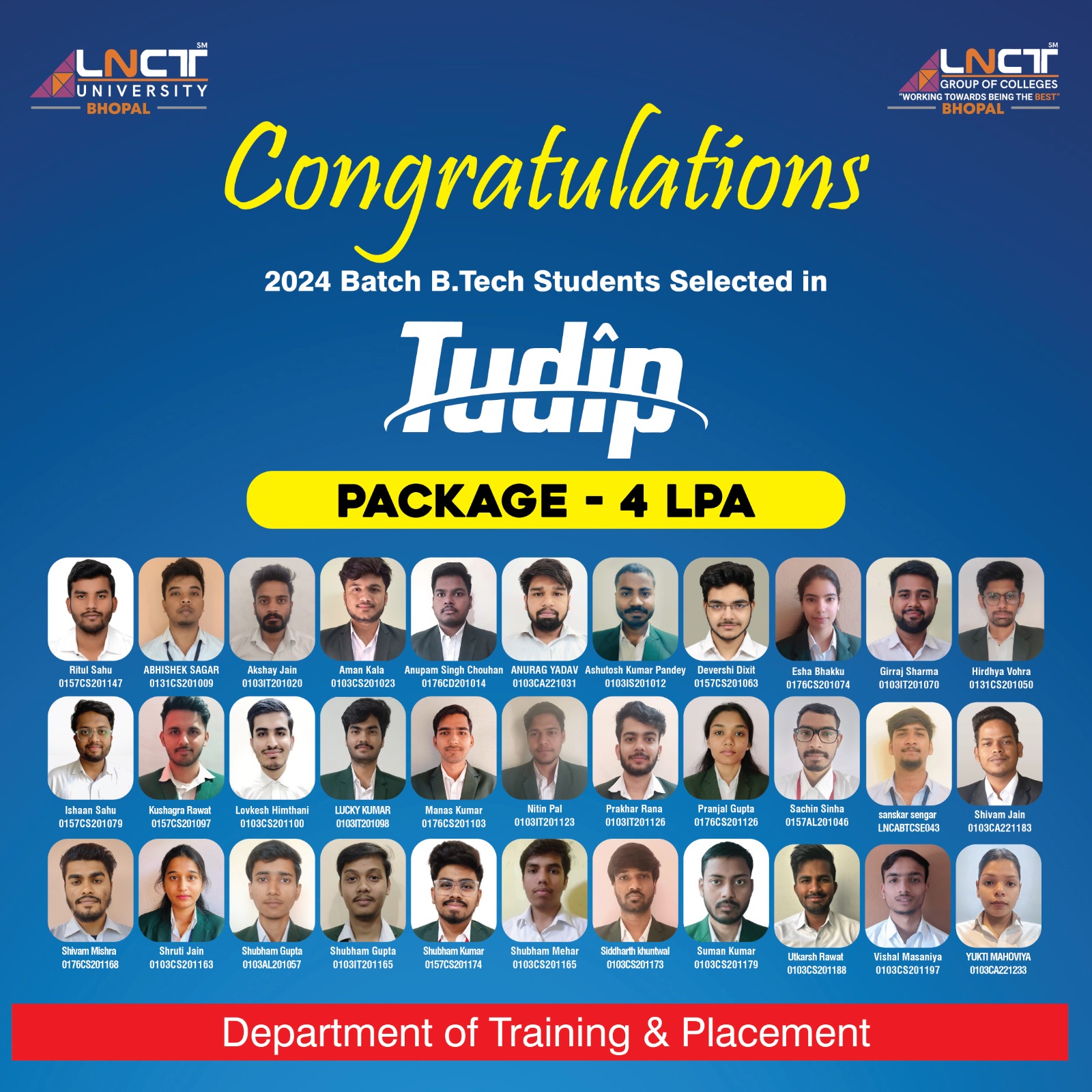 Selection In Tudip With A Package Of 4 LPA | LNCT Group