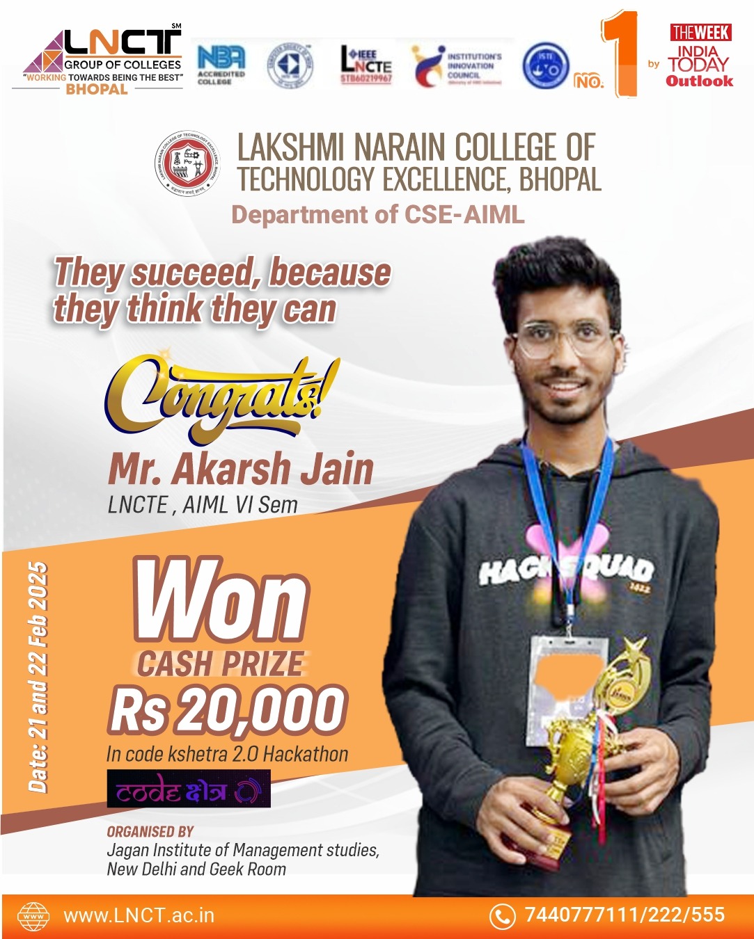 Congratulations To Akarsh Jain For Winning Code Kshetra 2.0 Hackathon | LNCT Group