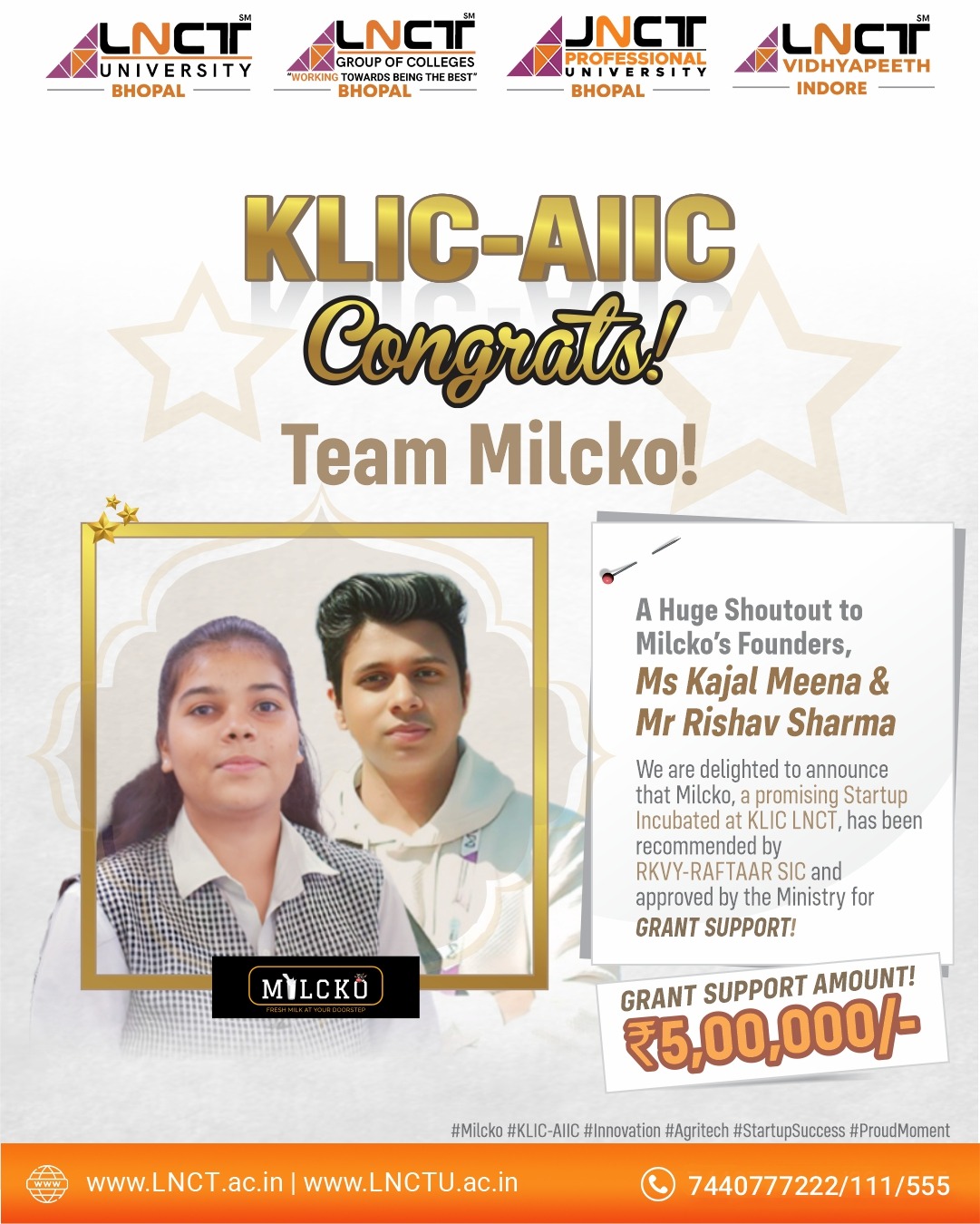 Turning Ideas Into Reality – Milcko Secures ₹5,00,000 Grant | LNCT Group