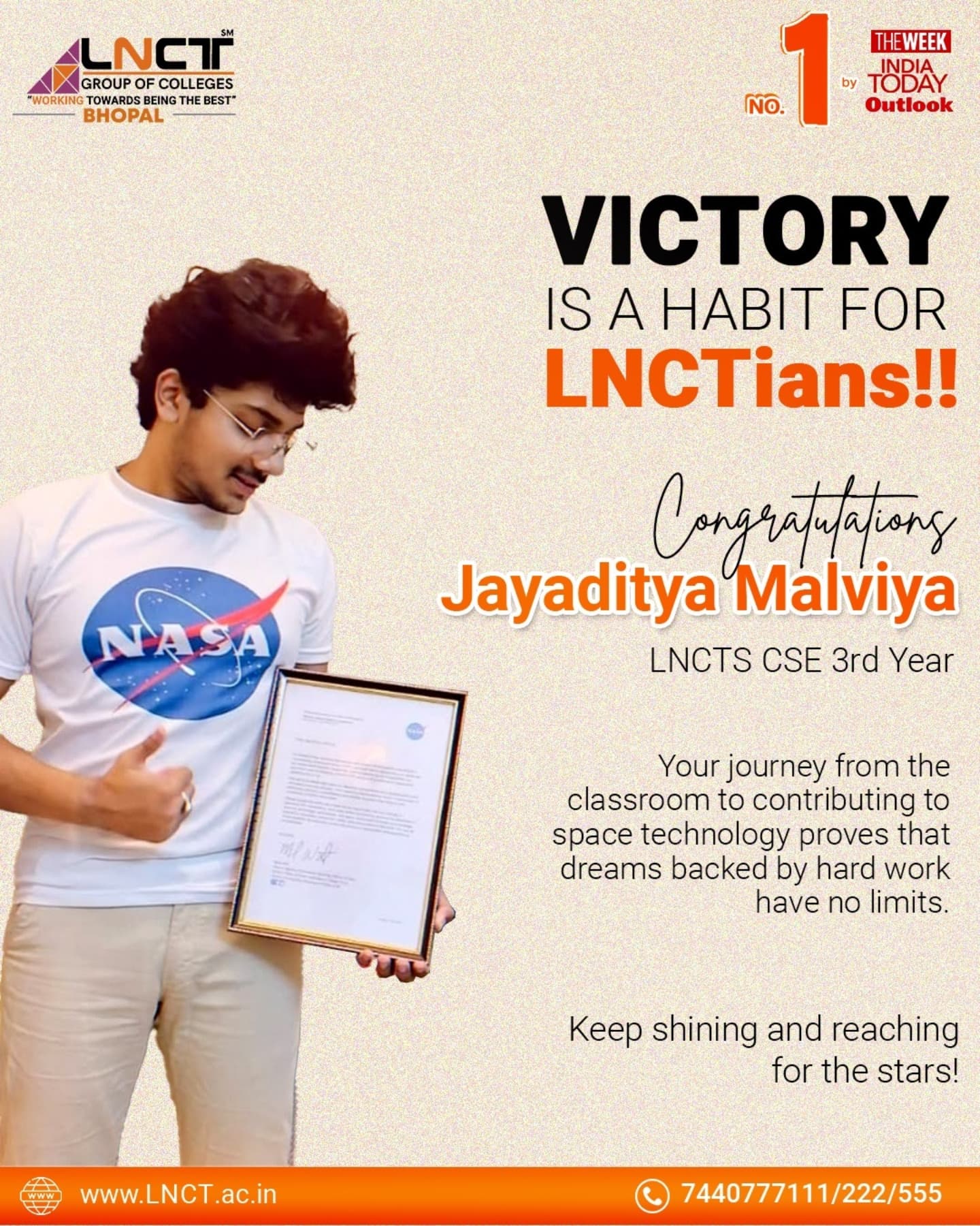 LNCT&S Student Jayaditya Malviya Achieves Historic NASA Recognition For ...