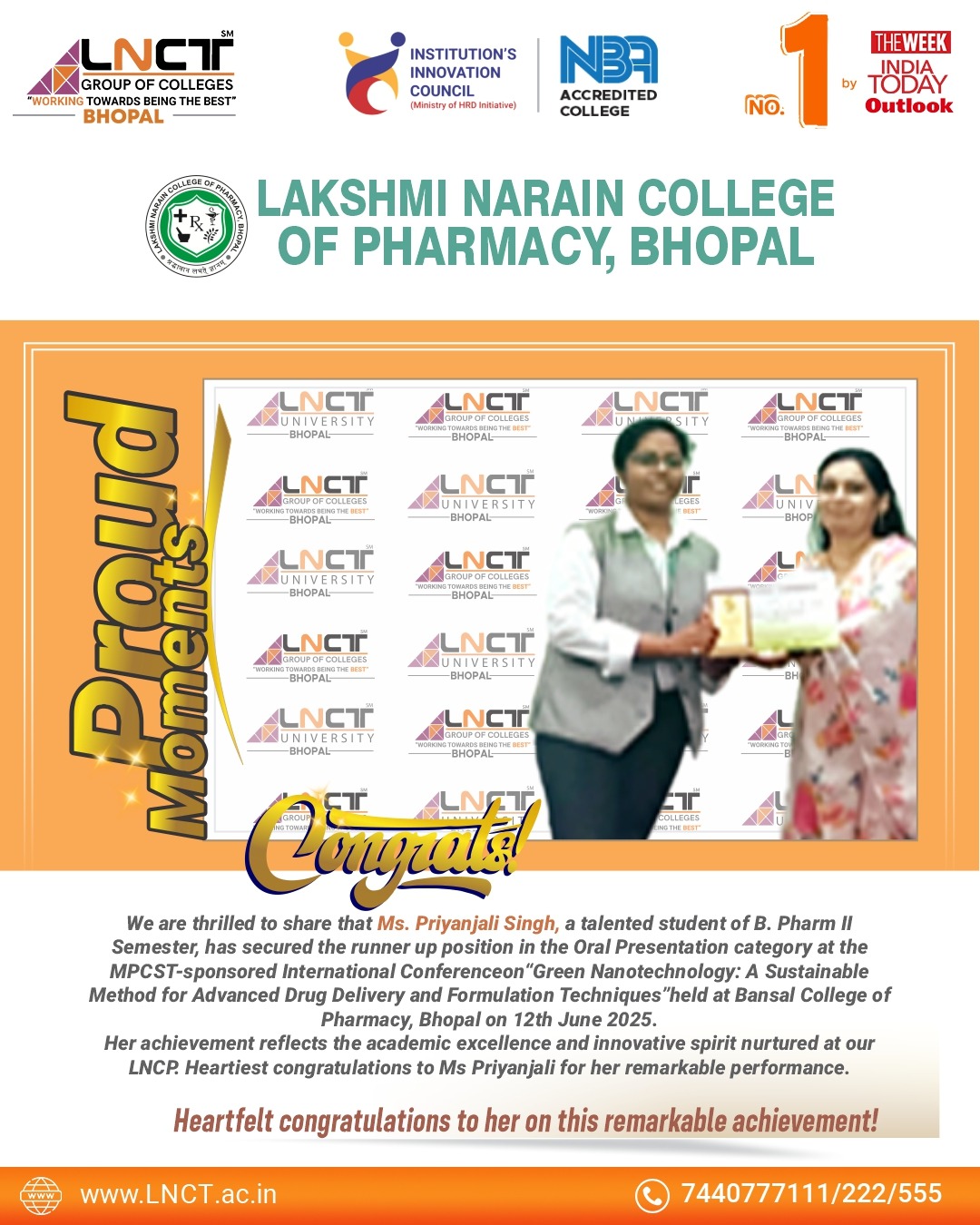 Priyanjali Singh Wins Runner-Up At Green Nanotech Conference | LNCT Group